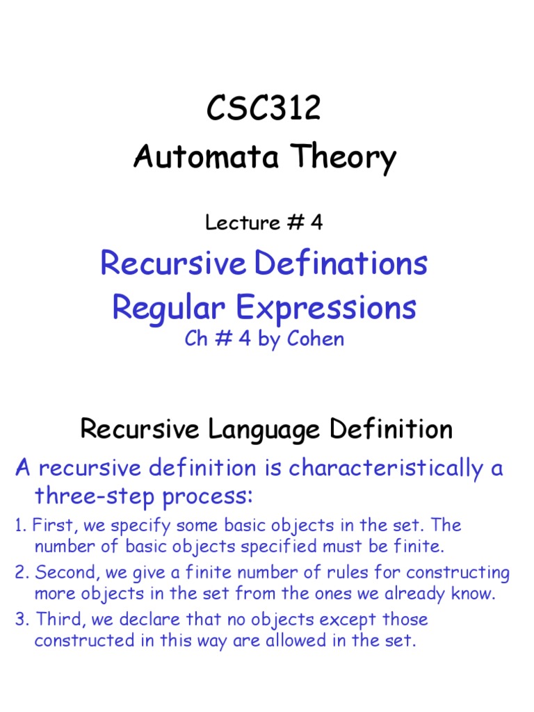 CSC312 Automata Theory: Recursive Definations Regular Expressions | PDF | Regular Expression ...