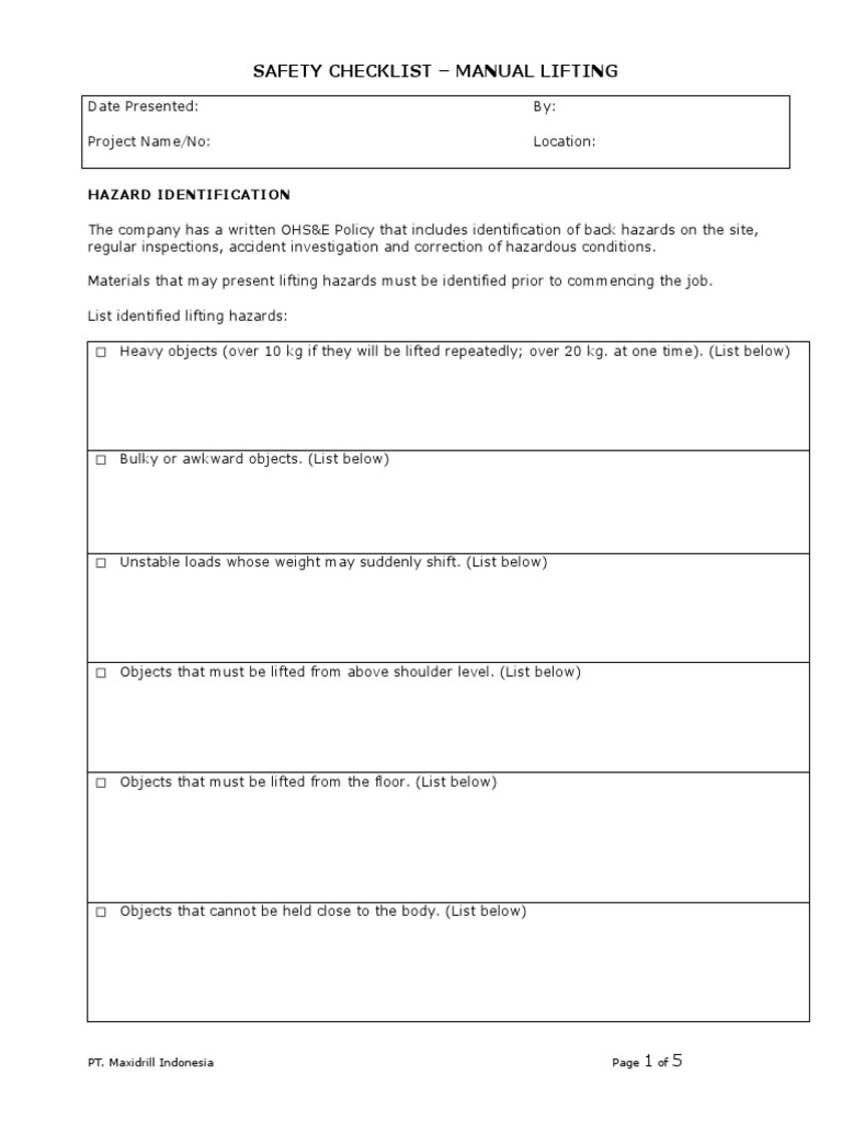 Manual Lifting Safety Checklist | PDF | Manufactured Goods