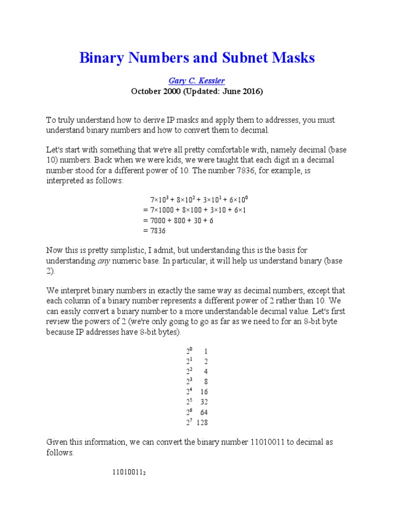 Binary Numbers and Subnet Masks: October 2000 (Updated: June 2016 ...