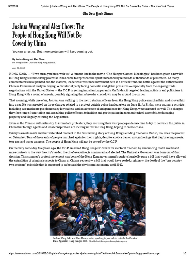 Opinion - Joshua Wong and Alex Chow - The People of Hong Kong Will Not ...