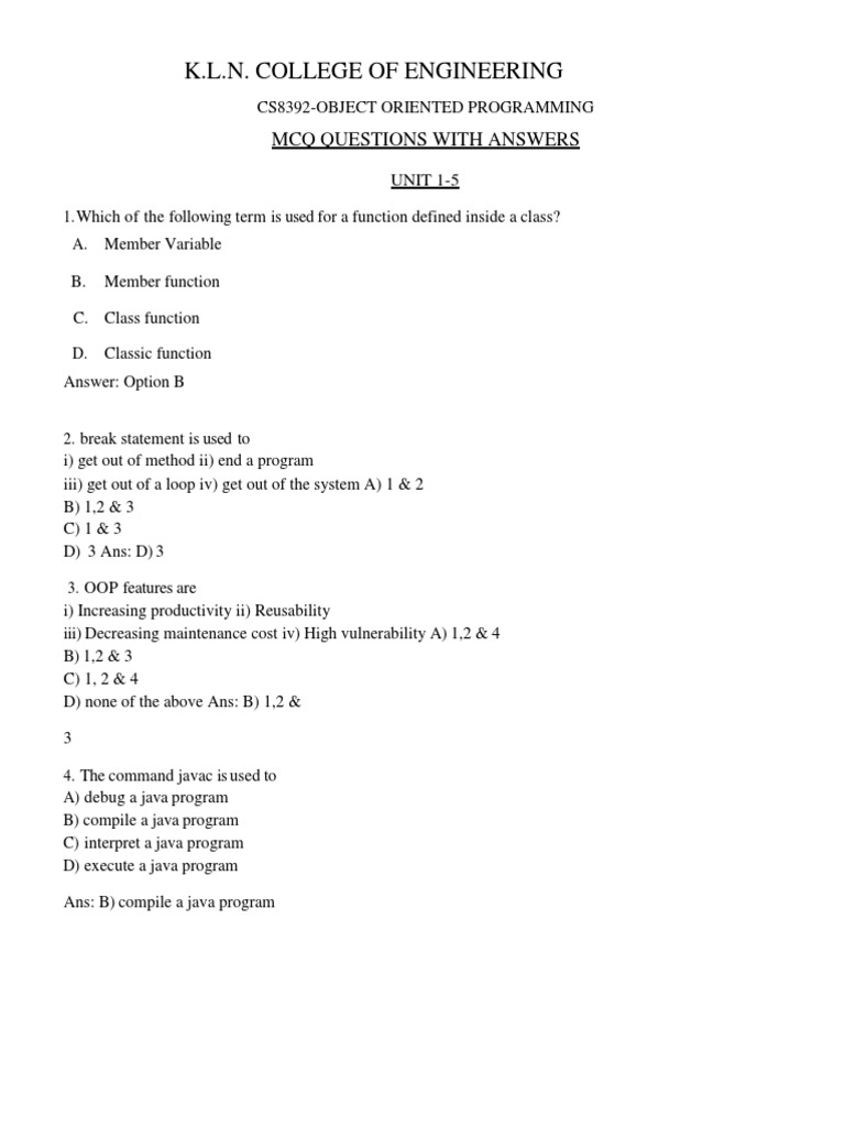 Oops Cs8392 Mcq Pdf Class Computer Programming Method Computer Programming