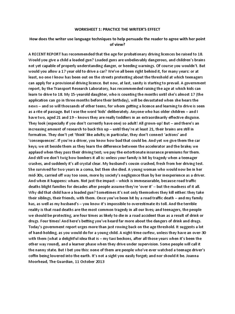 Worksheet 1: Practice The Writer'S Effect How Does The Writer Use ...