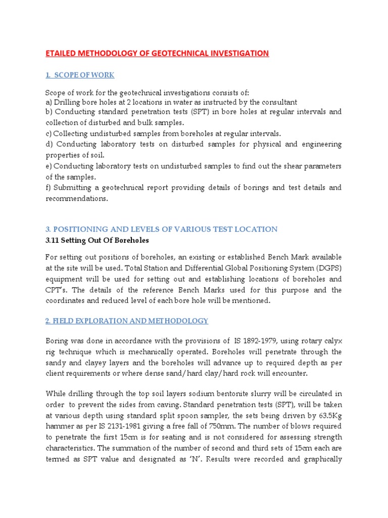 Geotechnical Investigation Methodology | PDF | Borehole | Civil Engineering