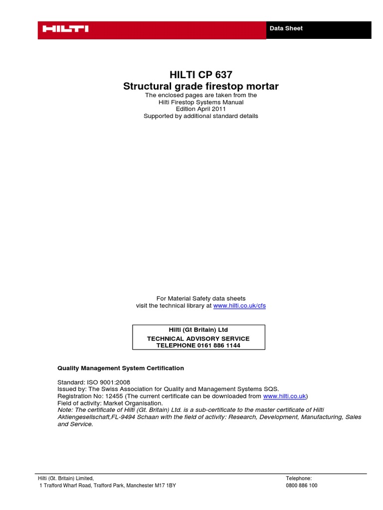 Hilti CP 637 Structural Grade Firestop Mortar: Data Sheet | PDF | Duct ...