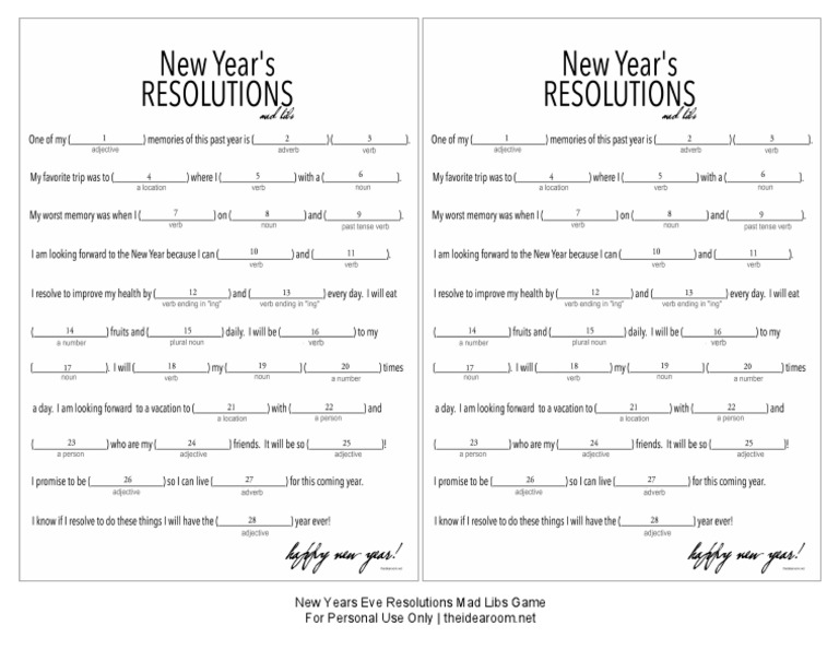 New Year's Eve Resolutions Mad Libs | PDF