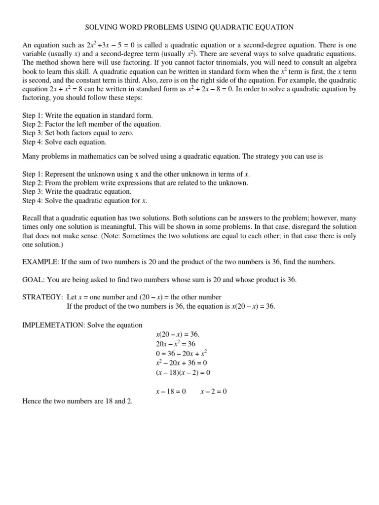 Solving Word Problems Using Quadratic Equation PDF | Download Free PDF ...