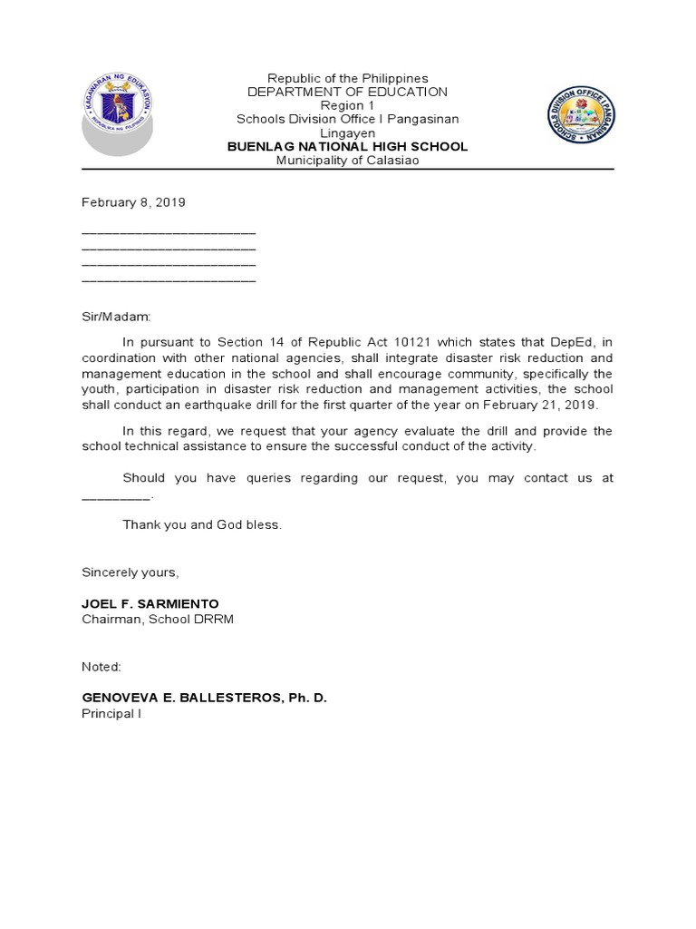 Letter of Request To MDRRMC To Evaluate Earthquake Drill Request ...