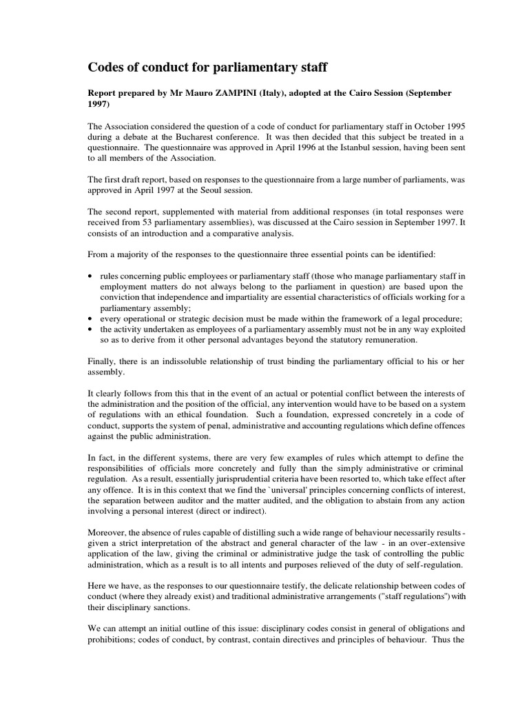 Codes of Conduct For Parliamentary Staff | PDF | Speaker (Politics ...