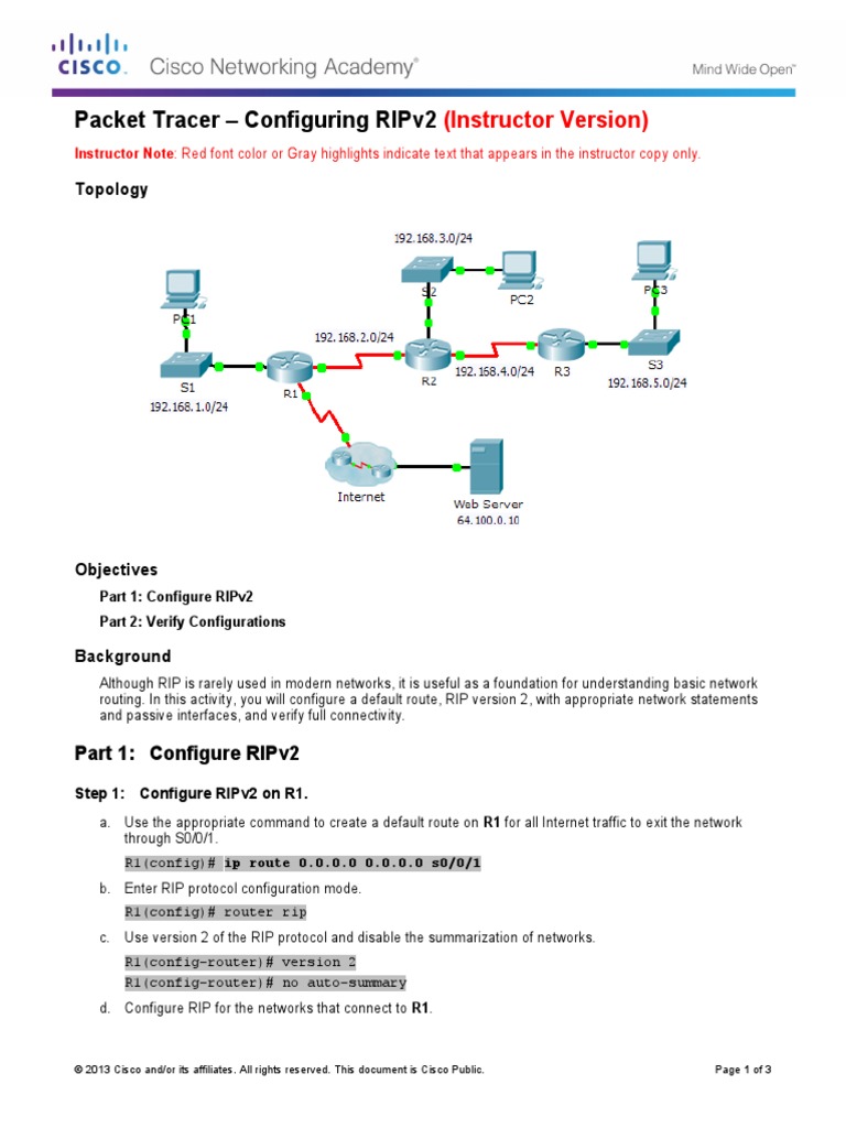 3.2.1.8 Packet Tracer - Configuring RIPv2 Instructions - ILM | PDF | Router (Computing) | Routing