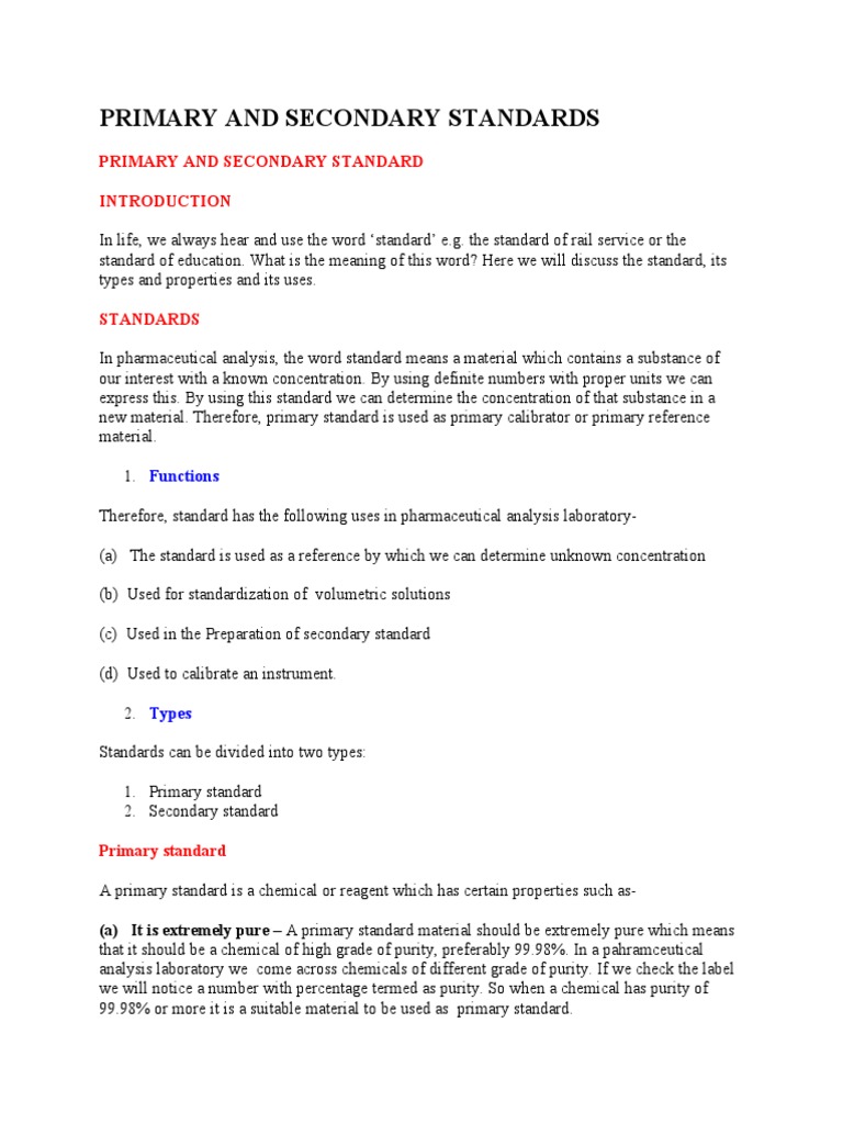 Primary and Secondary Standards | PDF | Titration | Chemistry