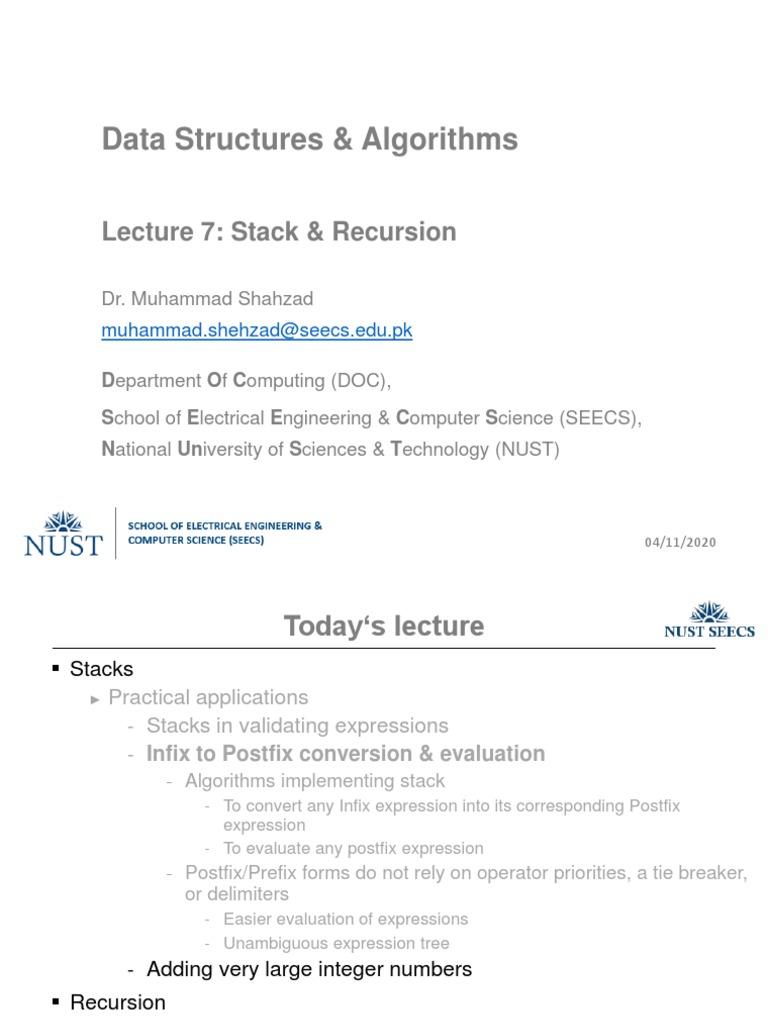 Data Structures And Algorithms Lecture 7 Stack And Recursion Pdf Subroutine Discrete Mathematics 9924