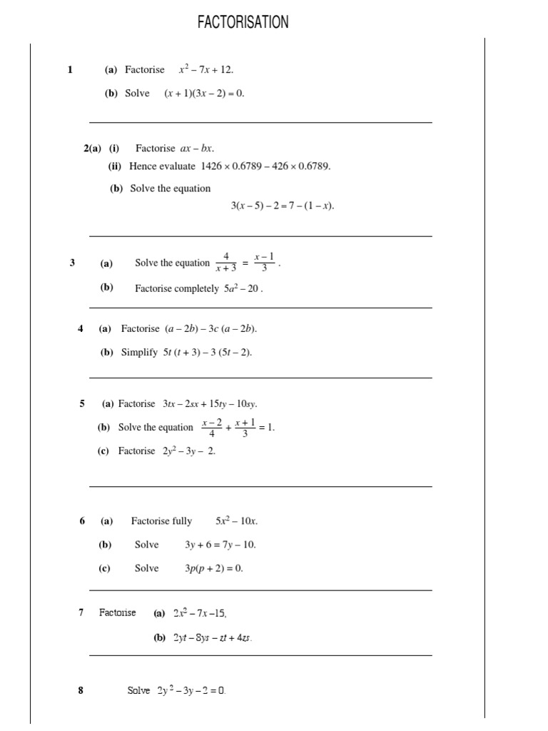 Factorisation: 1 (A) Factorise (B) Solve | PDF | Algebra | Teaching ...