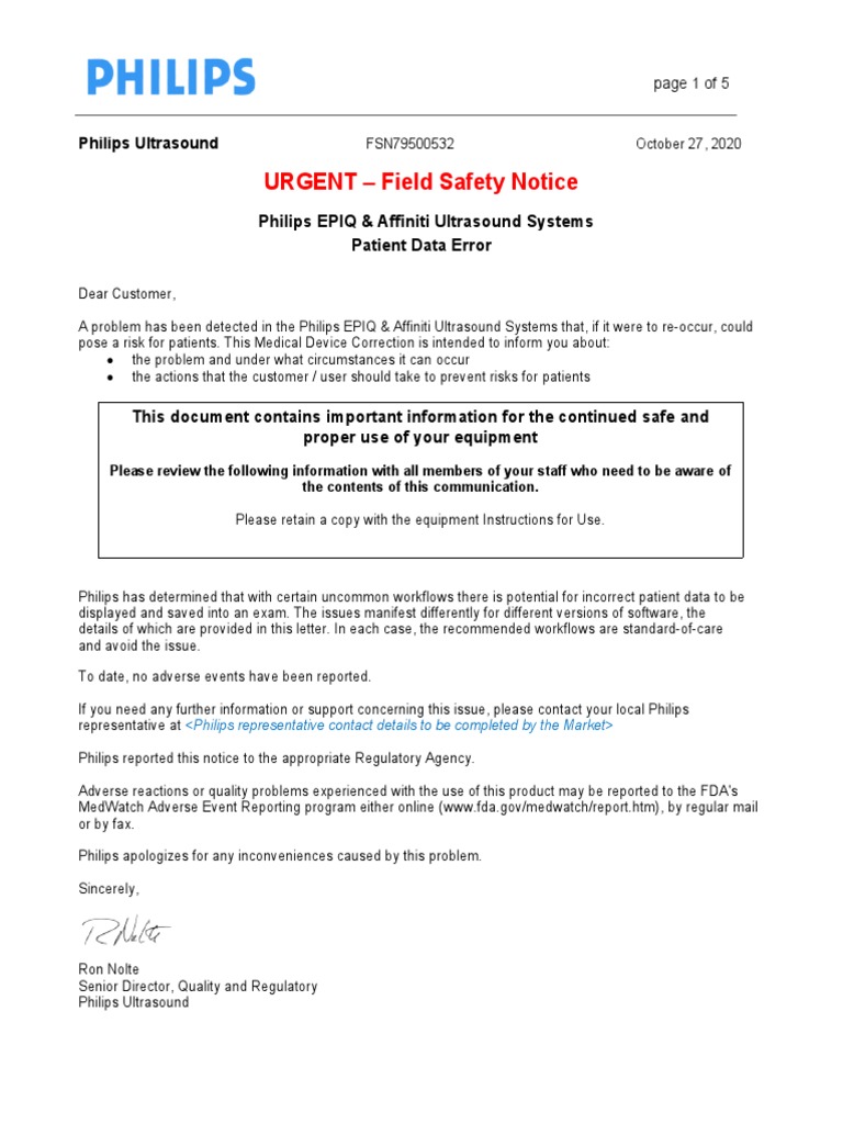 Field Safety Notice EPIQ Affiniti Patient Data Error FCO79500532 Final ...