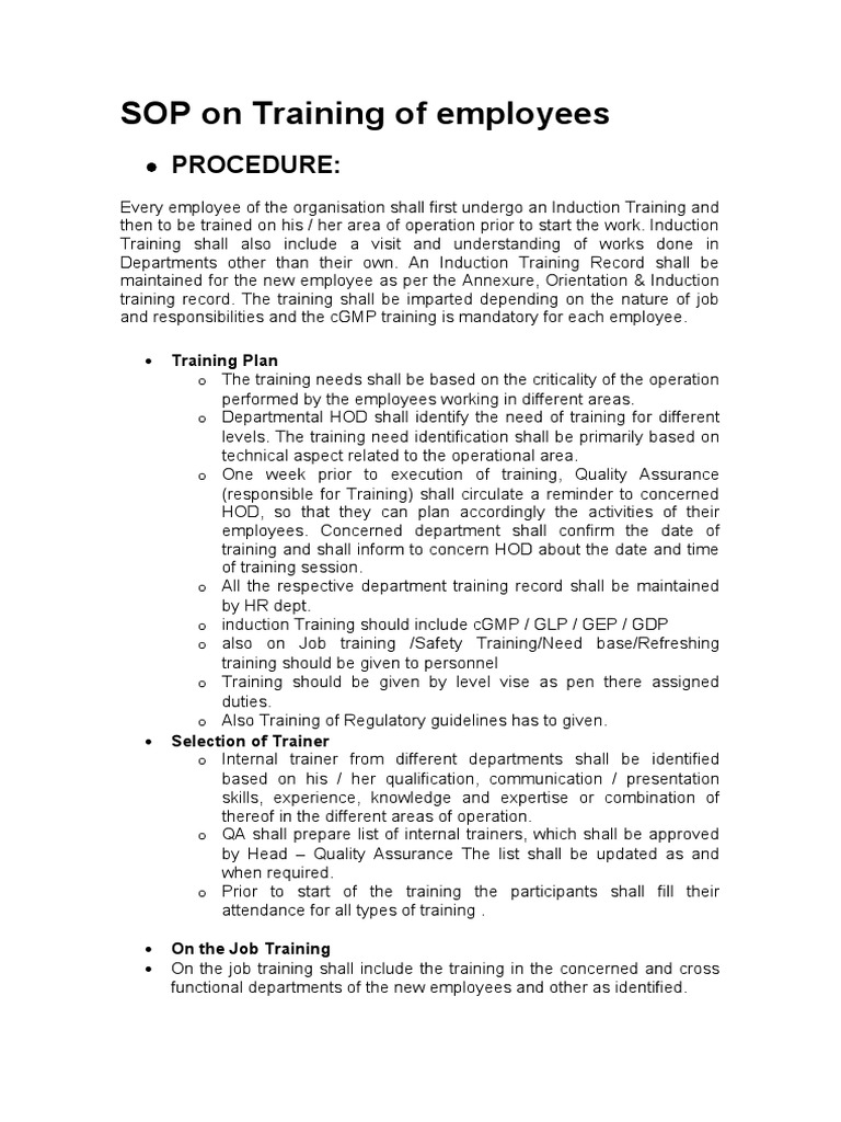 SOP On Training of Employees: Procedure | PDF | Specification ...