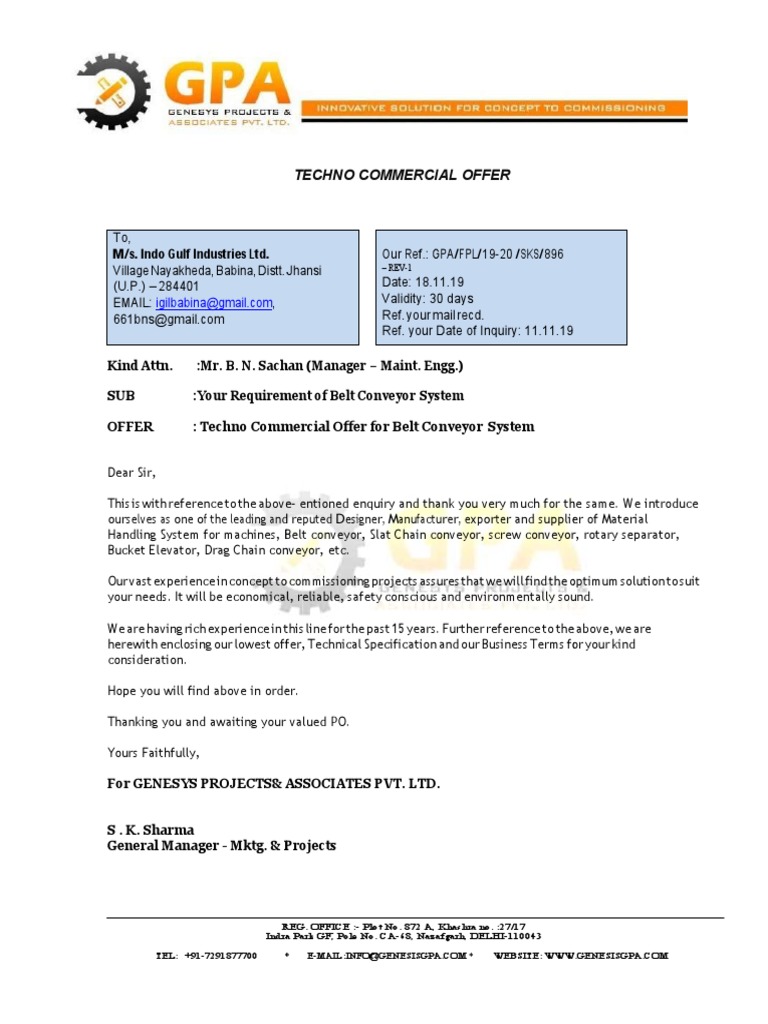 Techno Commercial Offer - 896 - Revised PDF | PDF | Equipment | Manufactured Goods