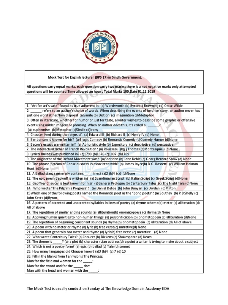Mock Test For English Lecturer | PDF | Metre (Poetry) | Poetry