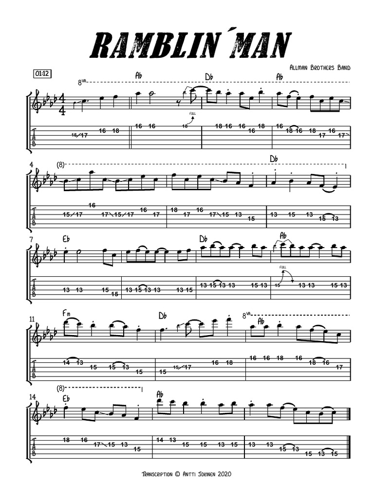 Ramblin' Man Guitar Solo Allman Brothers | PDF