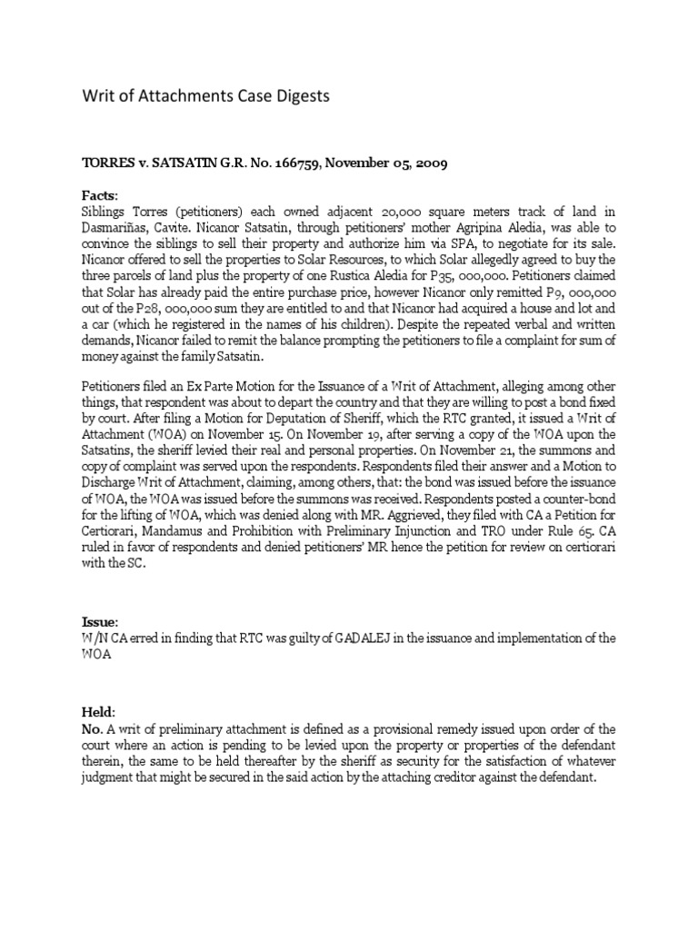 Writ of Attachments Case Digests2 | PDF | Writ | Bail