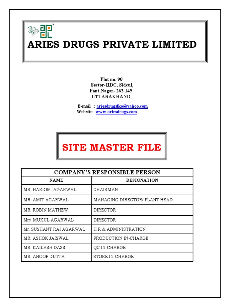 Aries Drugs Private Limited: Site Master File | PDF | Verification And ...