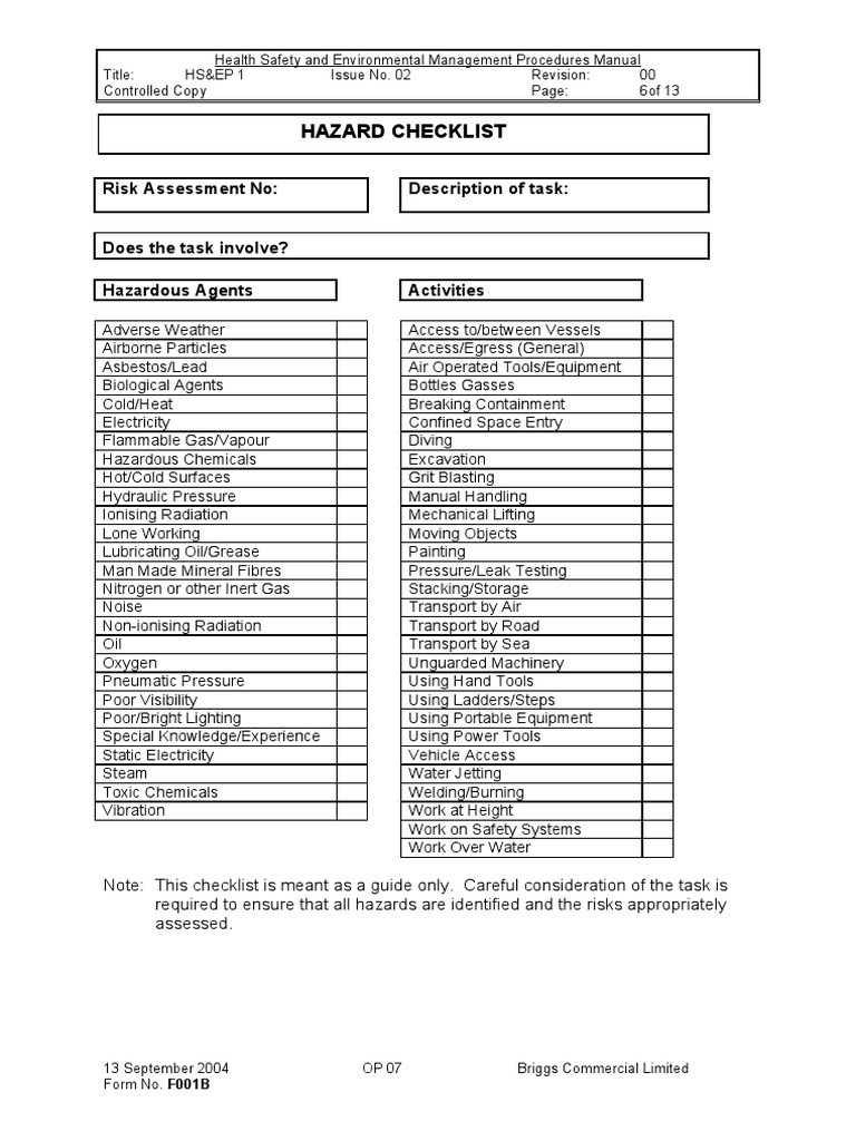 Hazard Checklist: Risk Assessment No: Description of Task | PDF ...