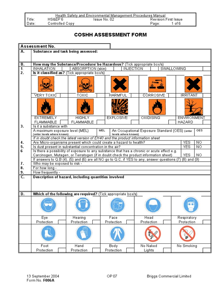 F006A CoSHH Assessment Form | PDF | Toxicity | Personal Protective ...
