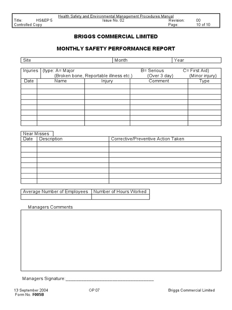 F005B Monthly Safety Performance Report | PDF
