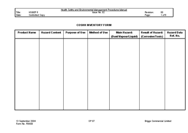 F006B CoSHH Inventory Form | PDF