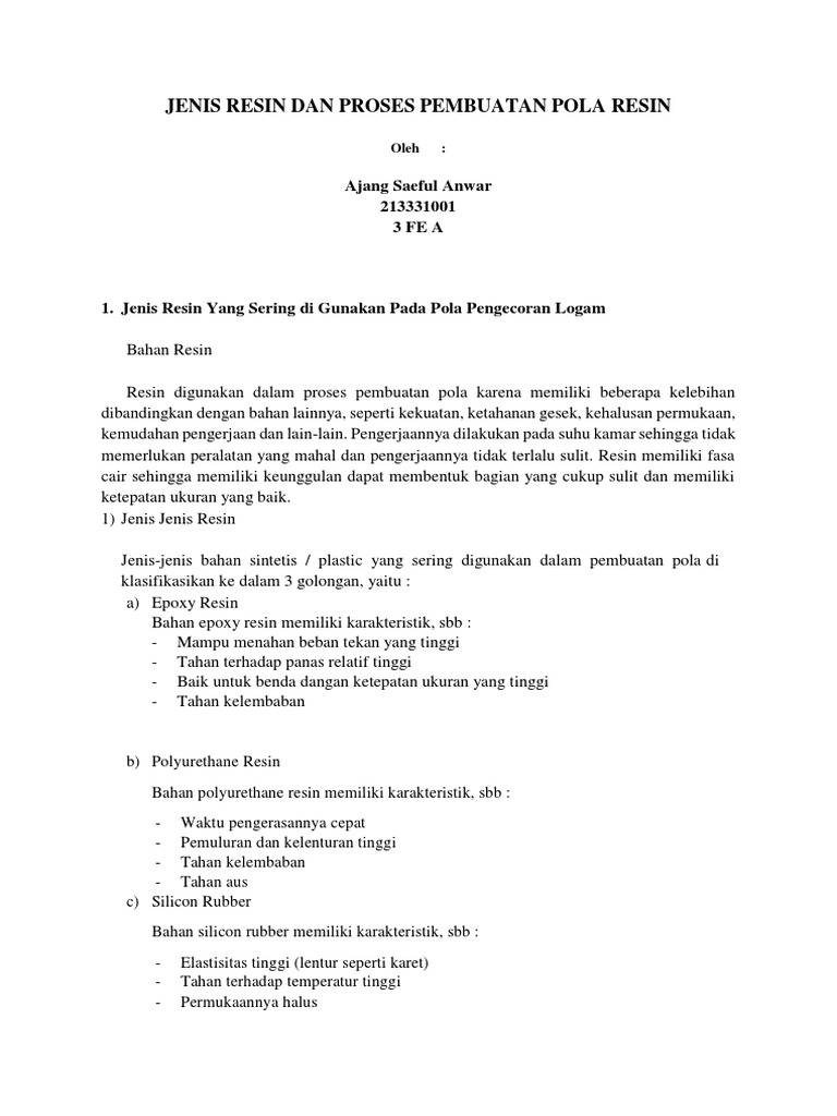 Jenis Resin Dan Proses Pembuatan Pola Resin | PDF