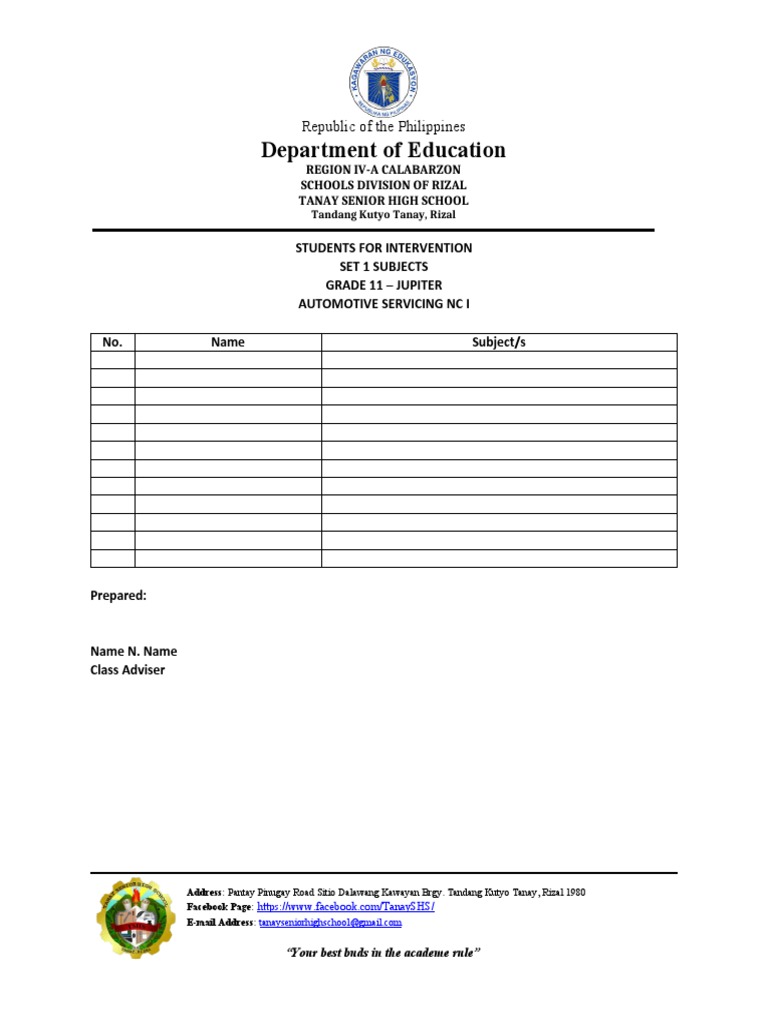 Students For Intervention Template