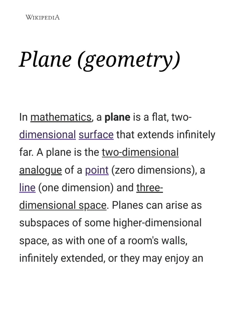 Plane (Geometry) - Wikipedia | PDF | Plane (Geometry) | Topology