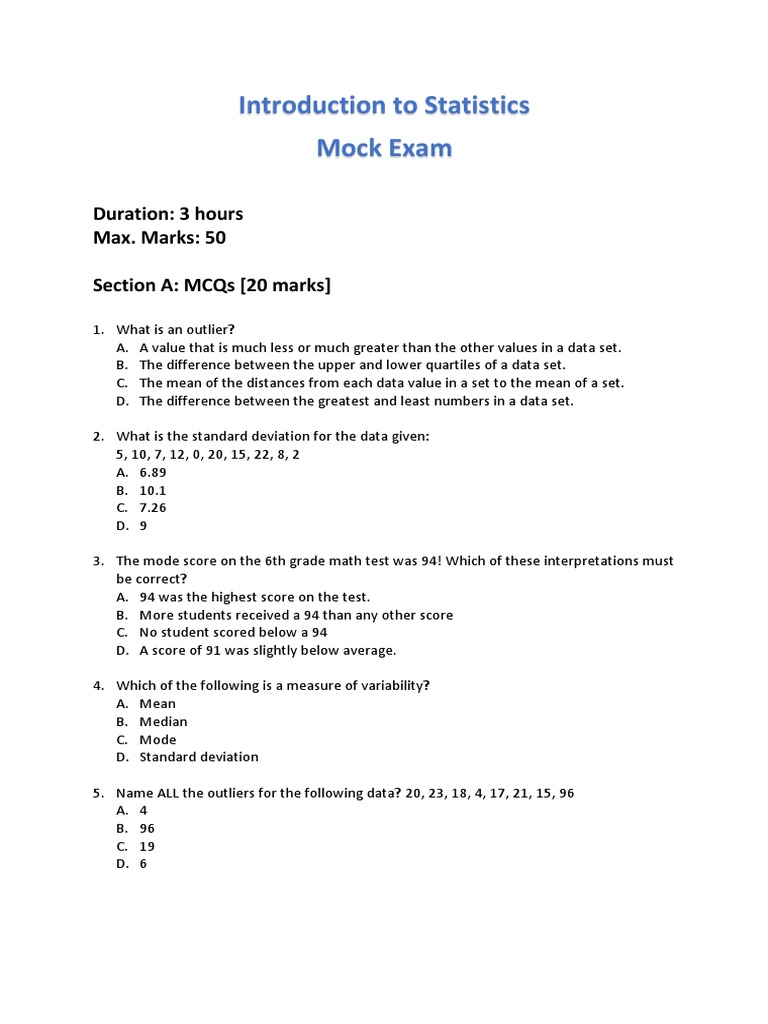 Introduction To Statistics Mock Exam: Duration: 3 Hours Max. Marks: 50 ...