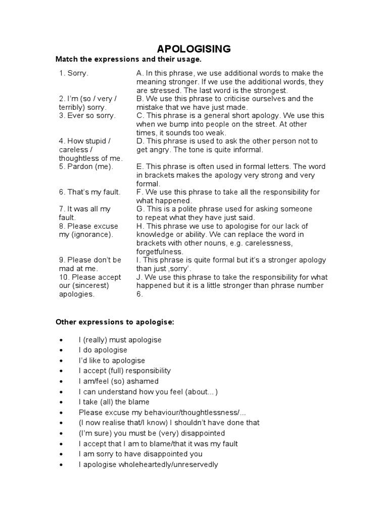 1-Apologising Expressions - Worksheet | PDF | Syntax | Linguistics