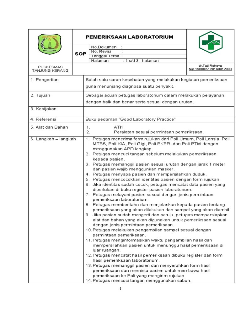 SOP Alur Pelayanan Laboratorium Selama Pandemi Covid 19 | PDF