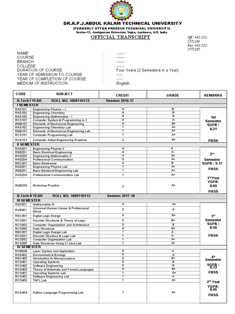 Official Transcript: Dr.A.P.J.Abdul Kalam Technical University | PDF ...
