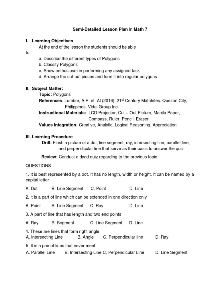 Semi-Detailed Lesson Plan in Math | PDF | Shape | Geometry