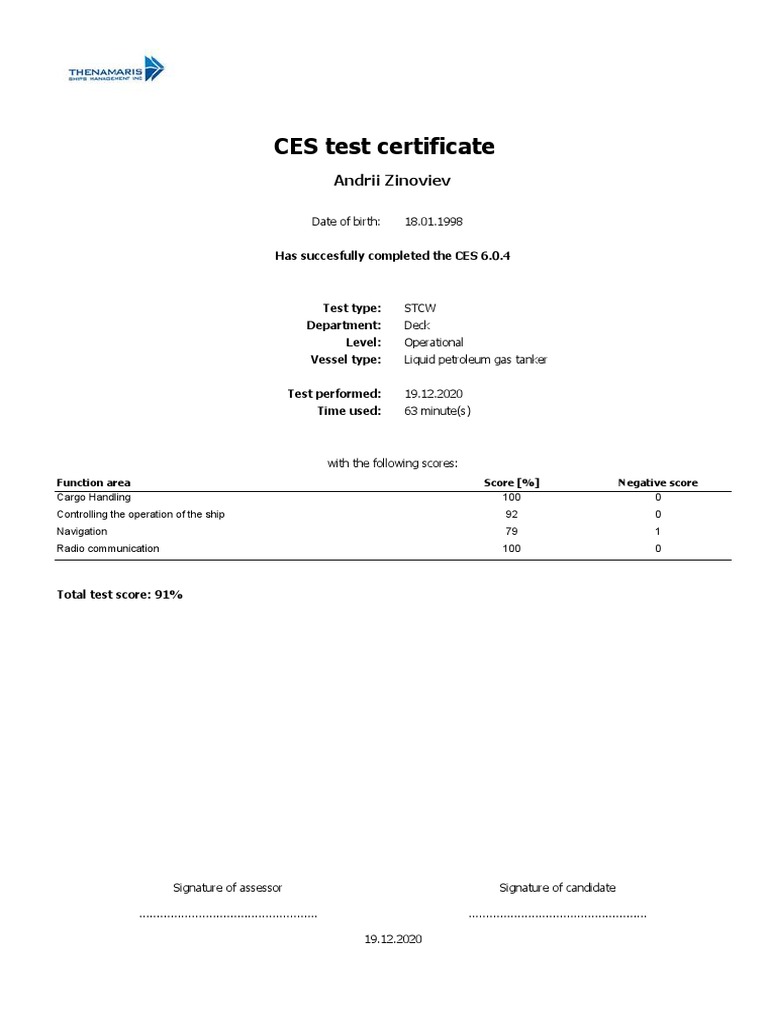 CES 6.0.4 Test Certificate Summary | PDF