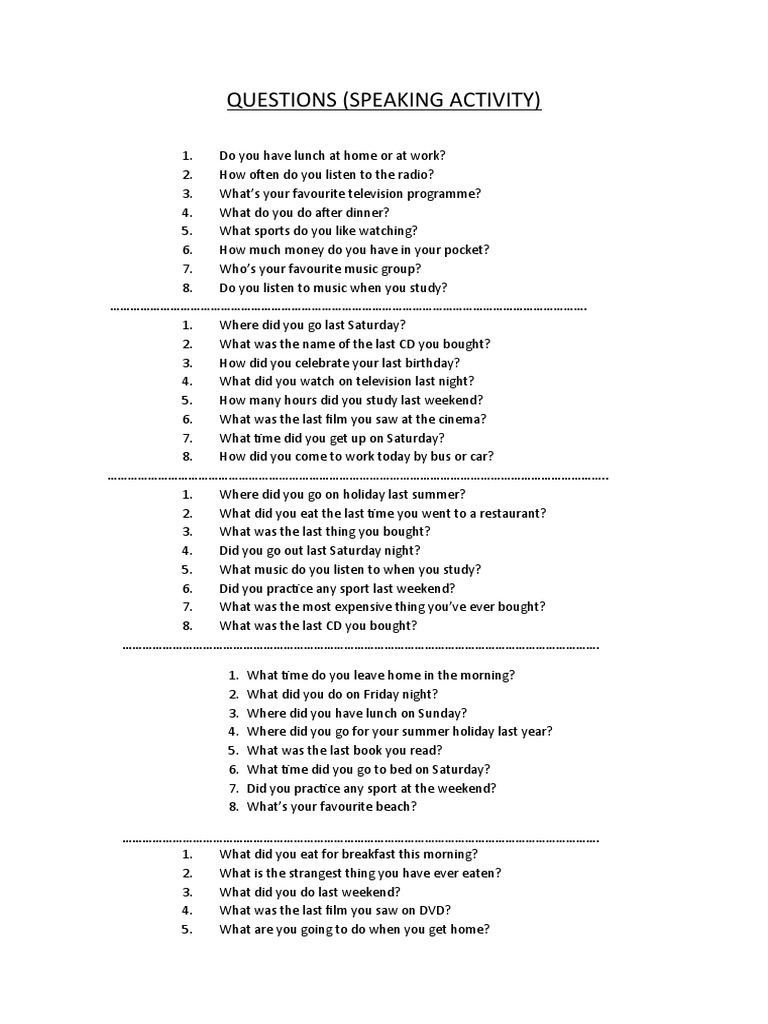 Preguntas - Speaking activity | Workweek And Weekend