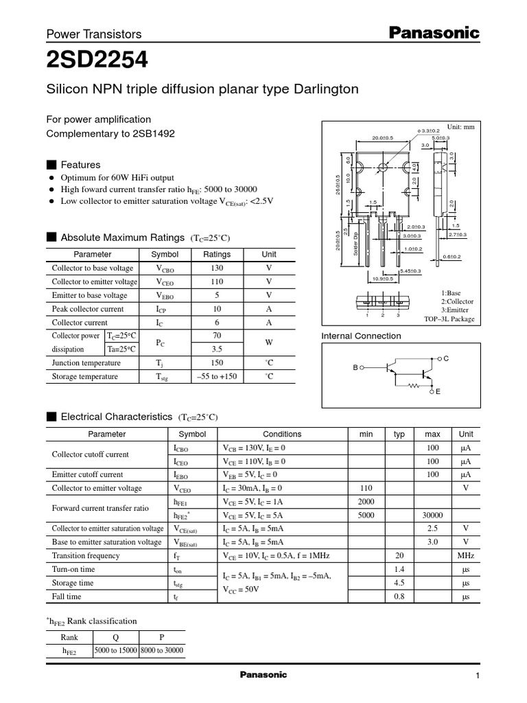 Silicon NPN Triple Diffusion Planar Type Darlington: Power Transistors | PDF | Bipolar Junction ...