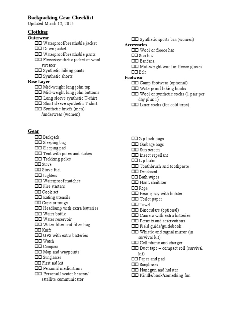 Backpacking Gear Checklist Clothing: Outerwear Accessories | PDF ...