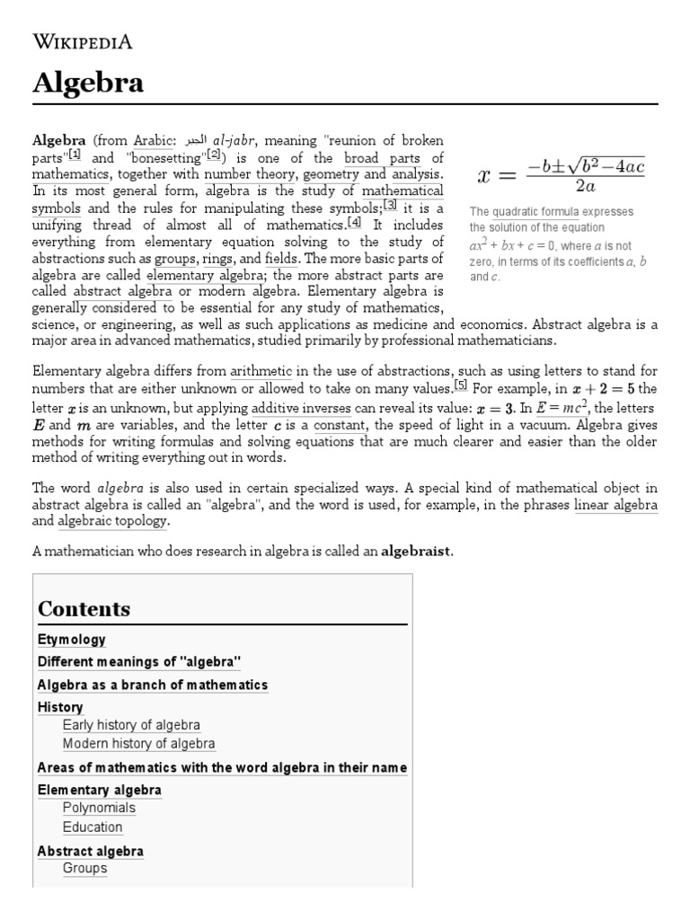 Algebra - Wikipedia | PDF | Abstract Algebra | Group (Mathematics)