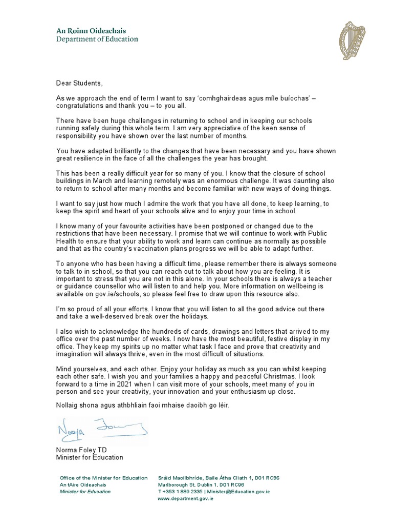 Letter To Students December 2020 | PDF | Schools