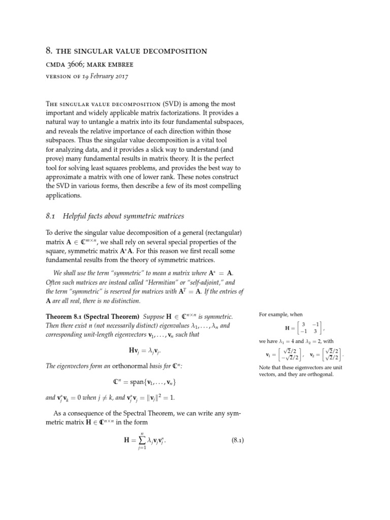 8 - The Singular Value Decomposition: Cmda 3606 Mark Embree | PDF | Eigenvalues And Eigenvectors ...