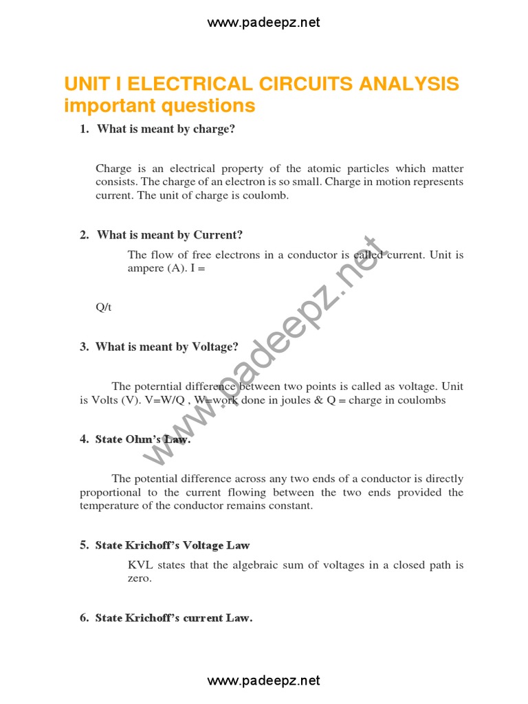 UNIT I ELECTRICAL CIRCUITS ANALYSIS Important Questions | PDF | Voltage ...