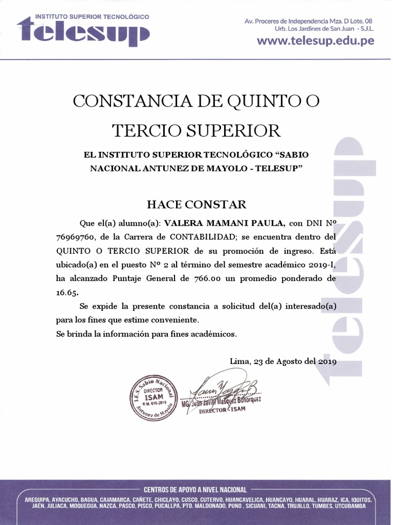 Constancia de Quinto o Tercio Superior | PDF