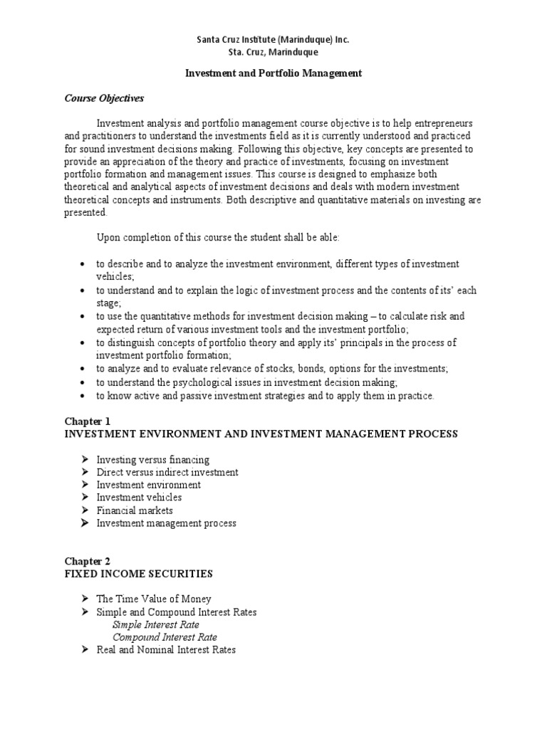 Investment and Portfolio Management Course | PDF | Valuation (Finance ...