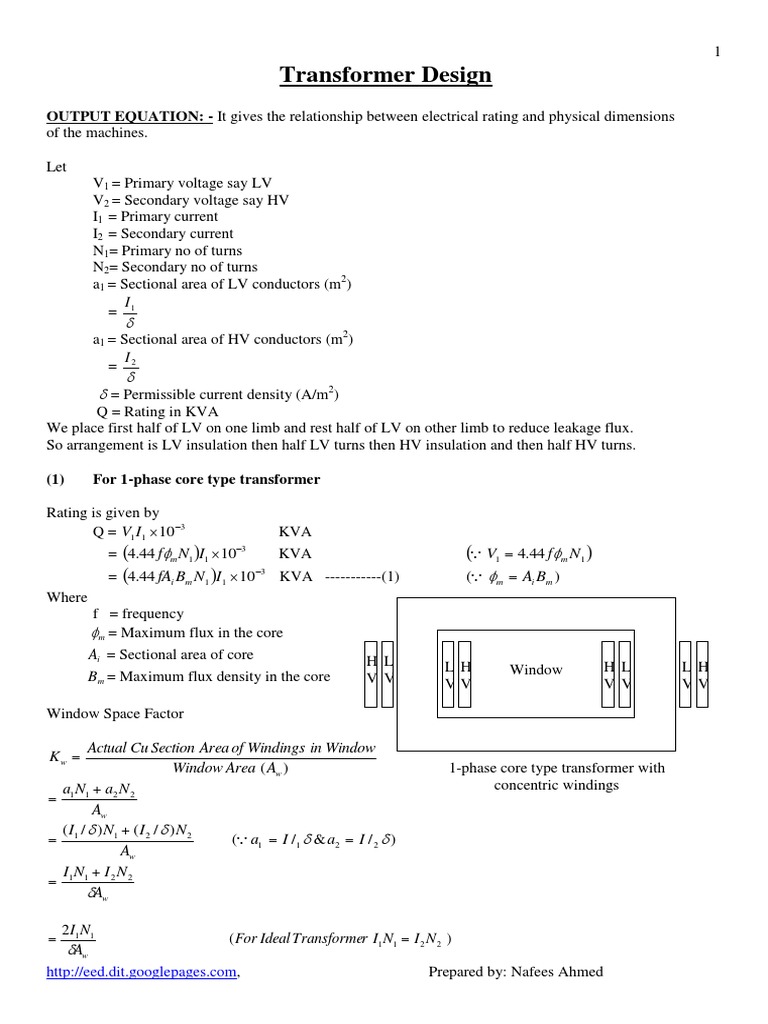 Transformer Design: OUTPUT EQUATION: - It Gives The Relationship ...