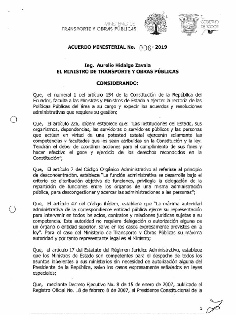 Acuerdo 006 2019 Reforma E.O.MTOP Marzo 2019 | PDF