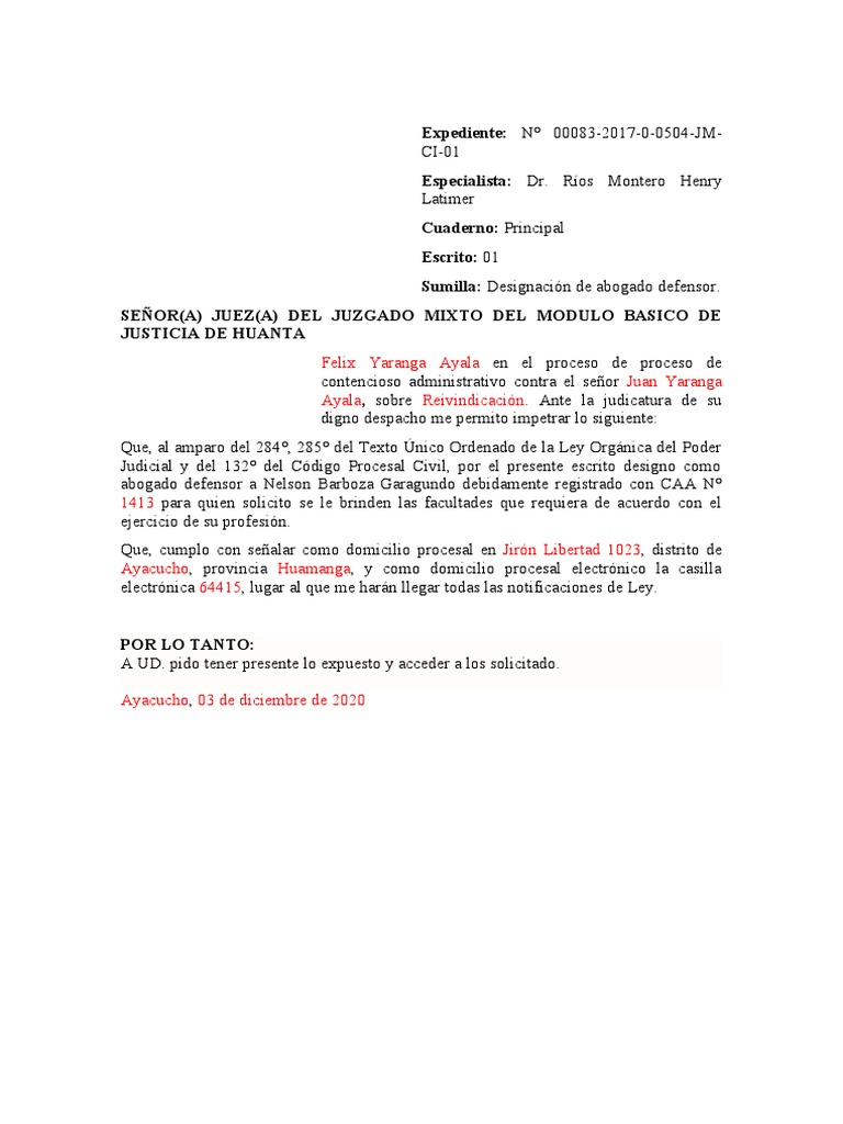 Modelo de Escrito Designando Abogado Defensor | PDF