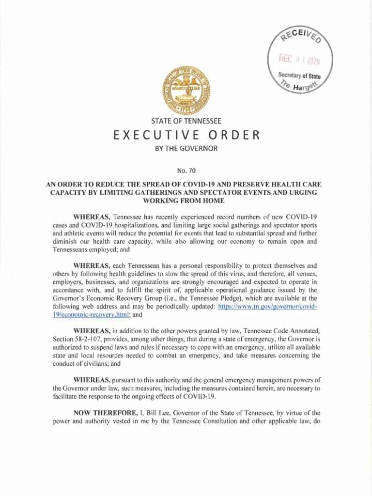 Gov. Bill Lee - Executive Order 70 | PDF | Telecommuting | Social ...