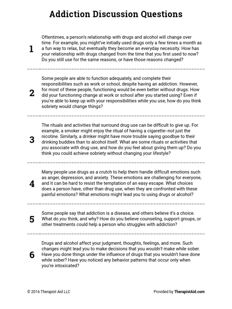 Addiction Discussion Questions | PDF | Substance Abuse | Emotions